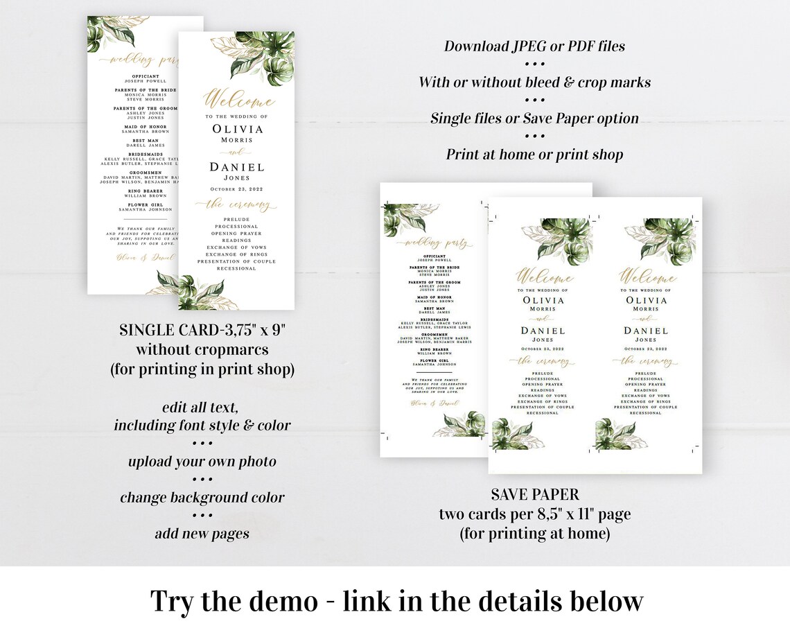 Greenery Wedding Program Template Editable Program Printable - Etsy