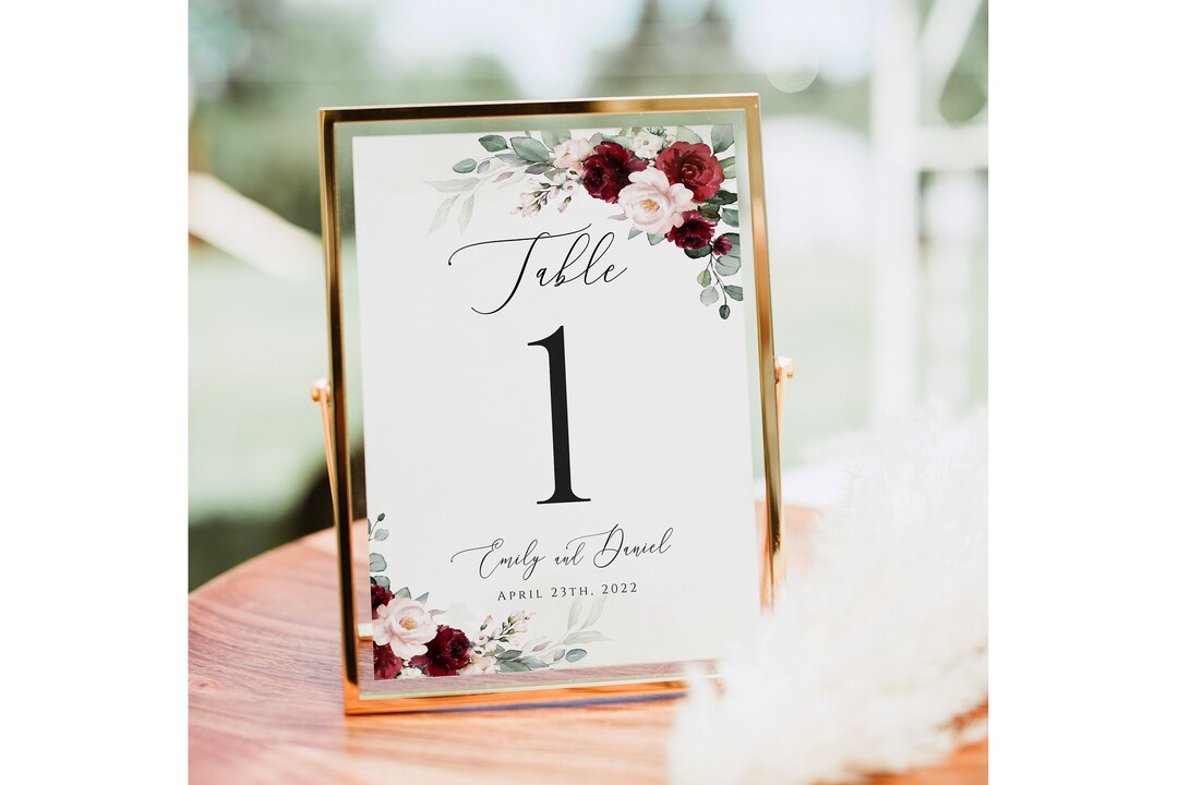 Burgundy Wedding Number Card Template Printable Number Card Floral ...