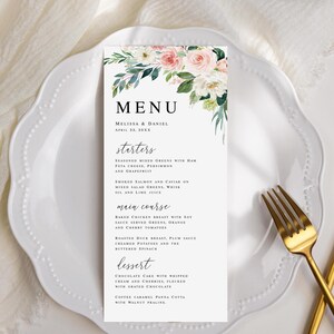 Floral Menu Card Template Blush Menu Card Printable Pink Flowers Menu ...