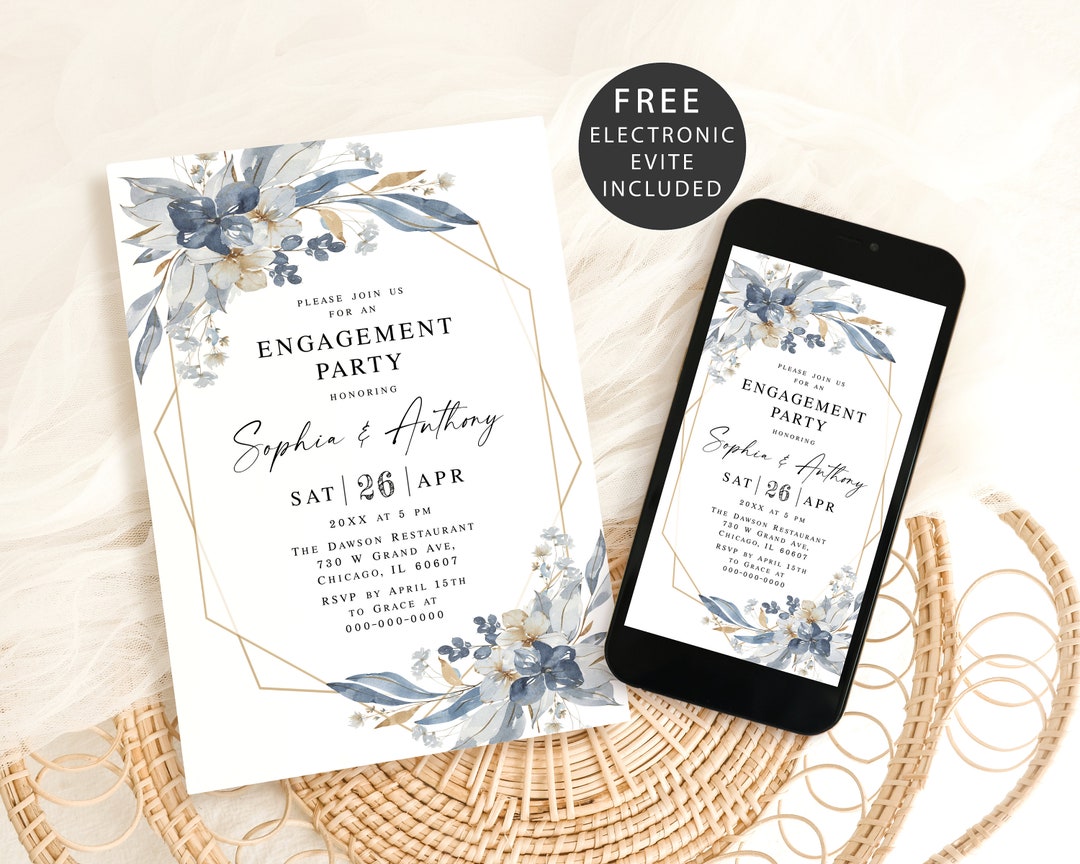 Dusty Blue Engagement Party Invitation Template Editable Couples Shower ...