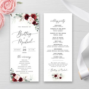 Burgundy Wedding Program Template Editable Program Printable Wedding ...