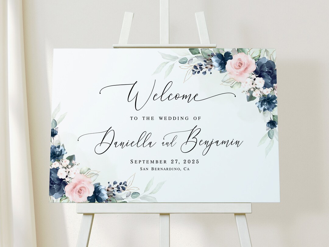 Navy Blush Wedding Welcome Sign Template Floral Reception Poster ...