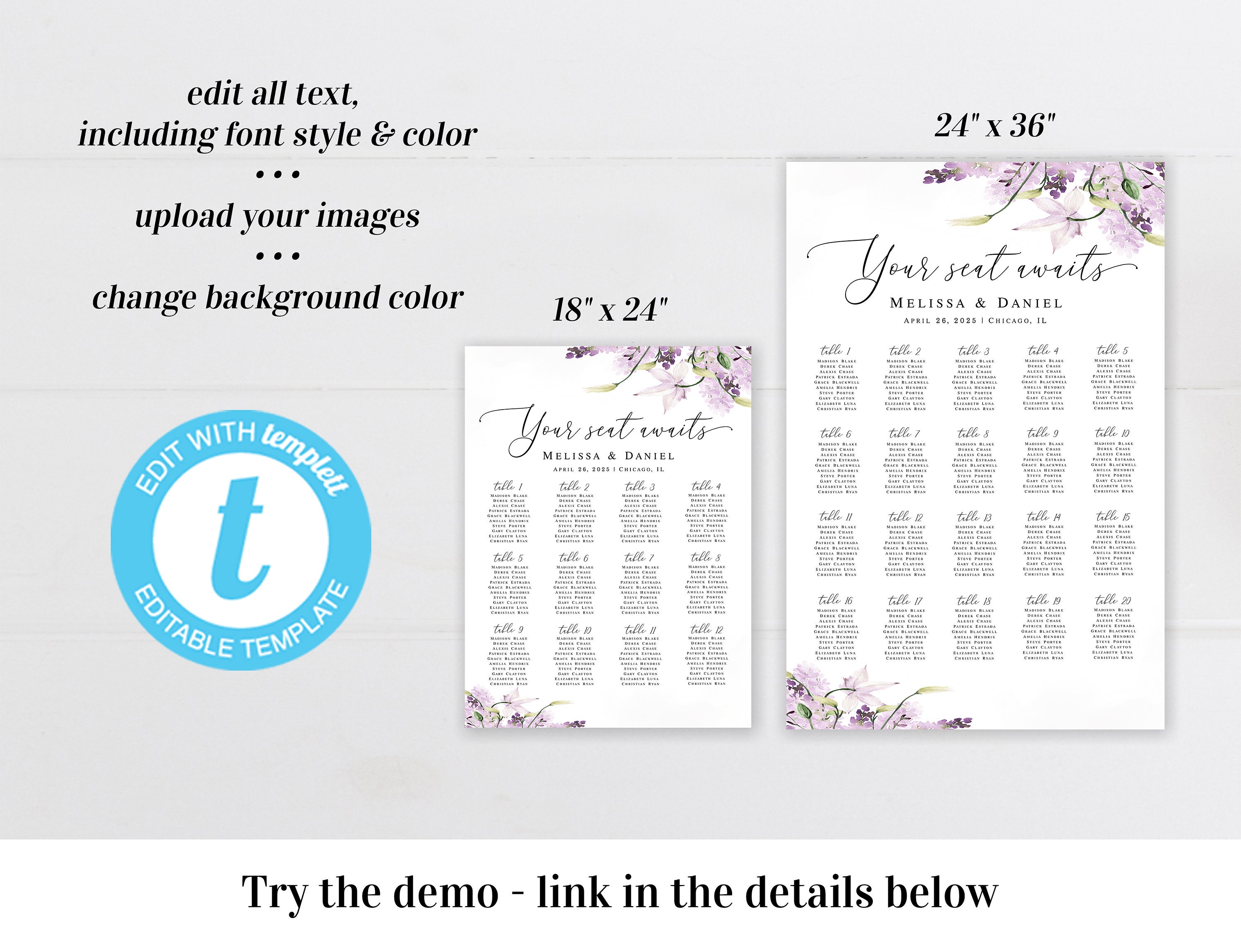 Lavender Floral Wedding Seating Chart Template Editable Guest List ...