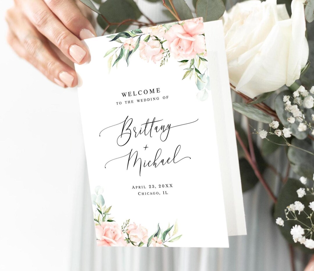 Pink Roses Wedding Program Template Floral Wedding Program Folded Booklet Wedding Reception ...