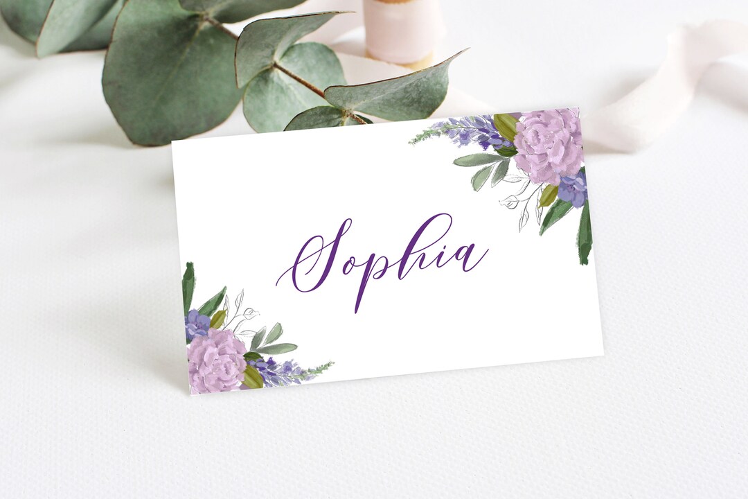 Purple Place Cards Template Editable Purple Wedding Name Cards Flat and ...