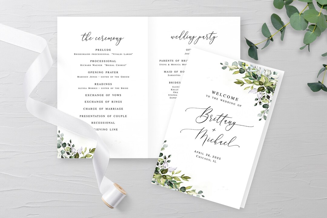Greenery Wedding Folded Program Template Printable Editable Program ...