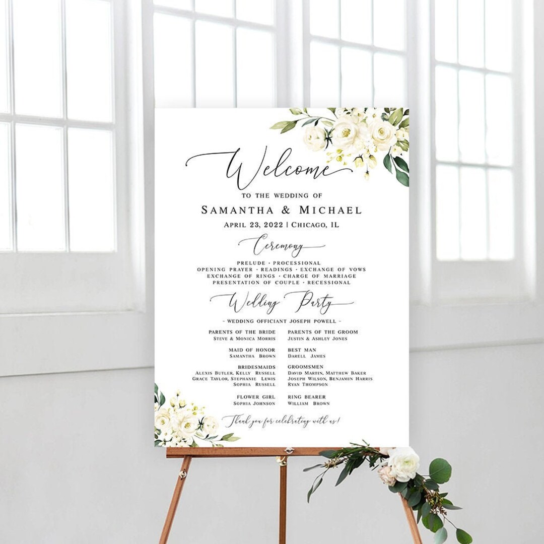 Wedding Program Sign Editable Template Wedding White Roses - Etsy
