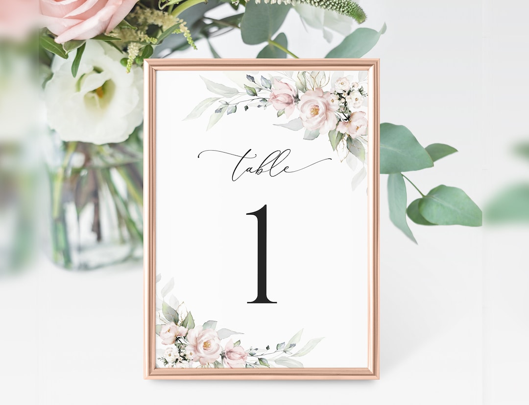 Pink Flowers Table Numbers Card Template Editable Numbers Cards Floral ...