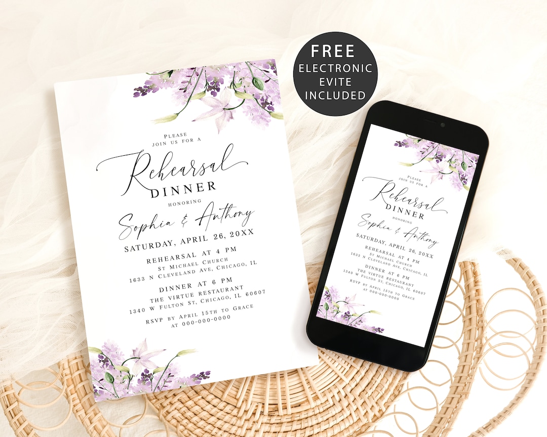 Lavender Electronic Rehearsal Invitation Editable Wedding Rehearsal ...