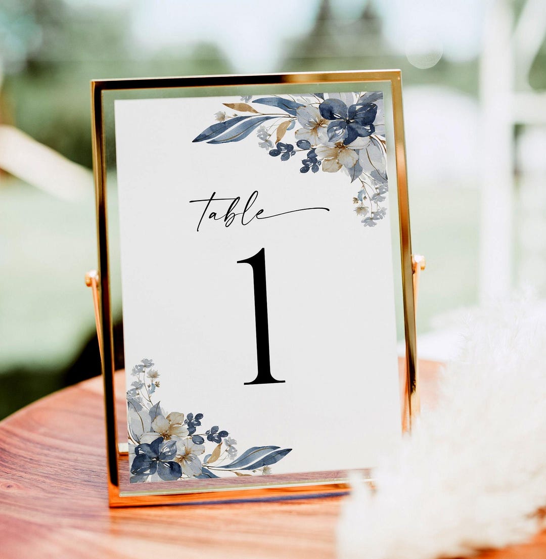 Dusty Blue Table Number Card Template Wedding Table Number Card Floral ...