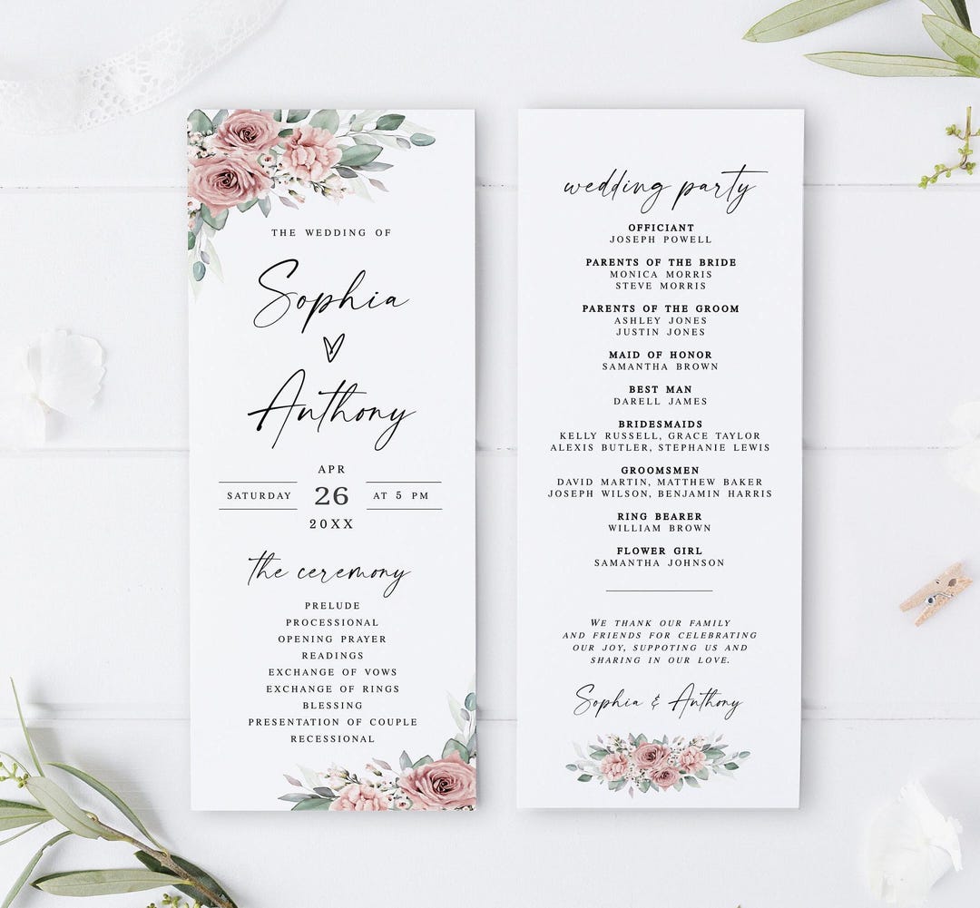Dusty Roses Wedding Program Template Floral Wedding Program Printable Editable Wedding Program ...