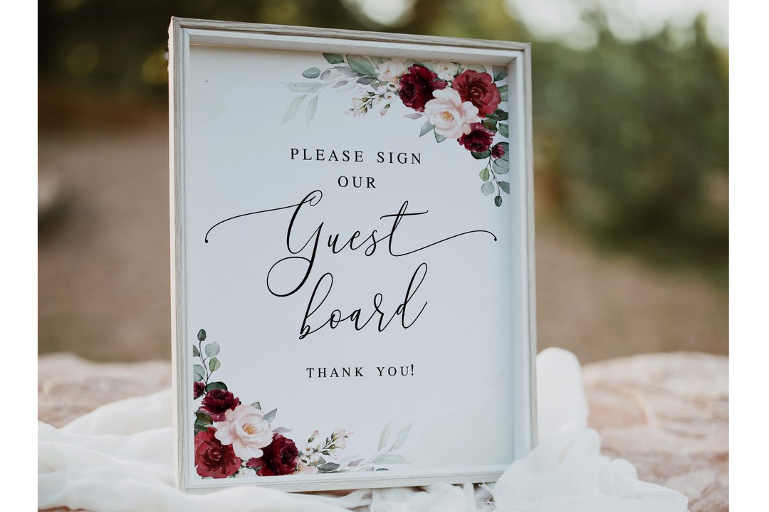 Burgundy Blush Guest Board Sign Template Editable Sign Wedding Guest ...