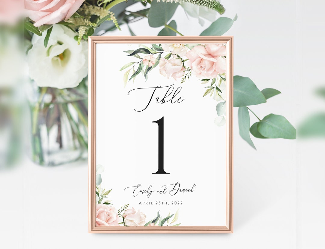 Floral Table Numbers Editable Template Printable Table Card Pink Roses ...