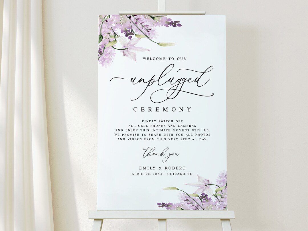 Lavender Welcome Unplugged Ceremony Sign Template Editable Sign Floral ...