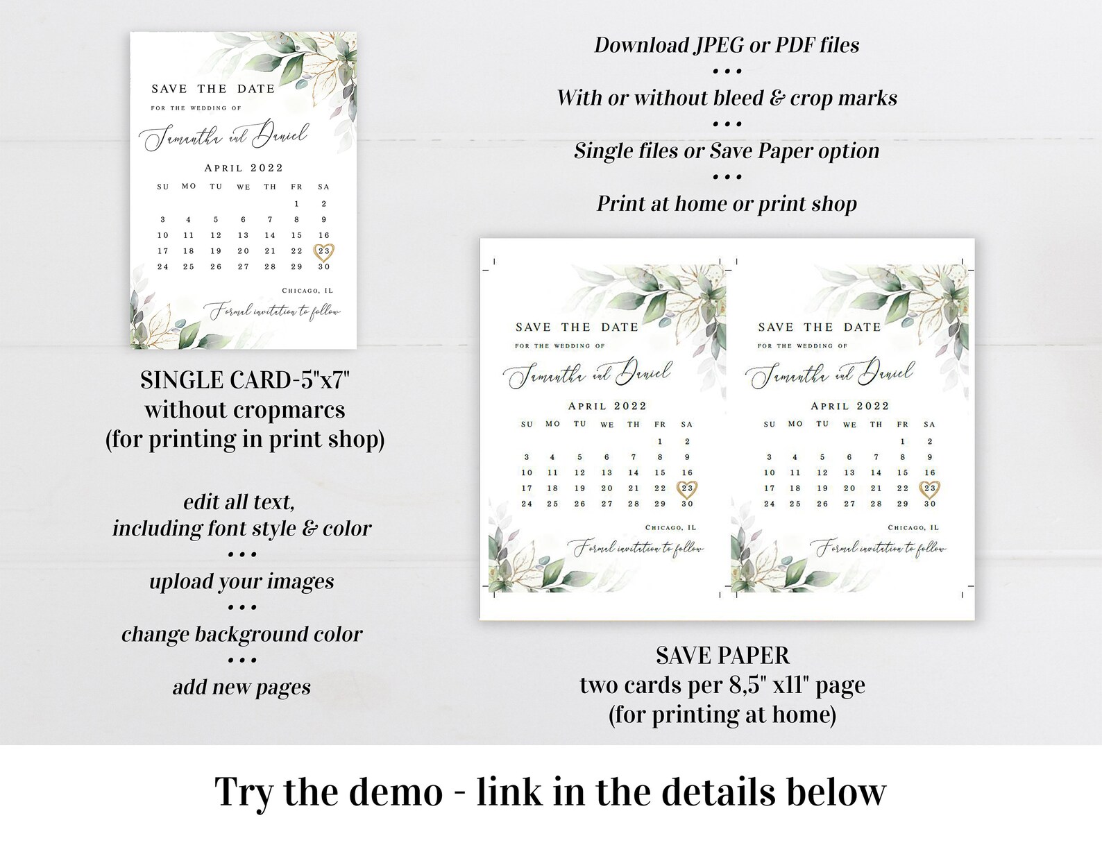 Greenery Calendar Save the Date Template Editable Printable - Etsy