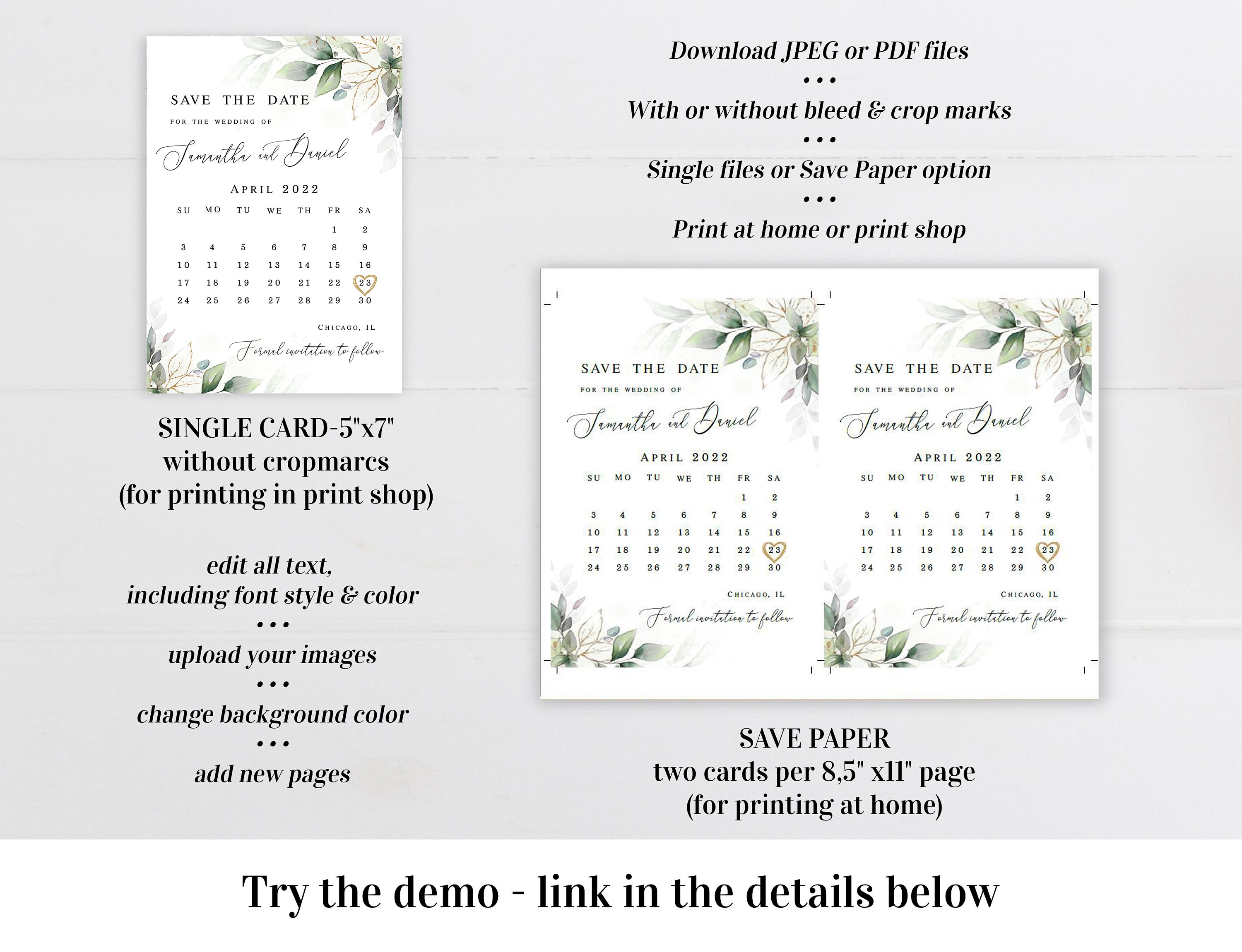 Greenery Calendar Save the Date Template Editable Printable - Etsy