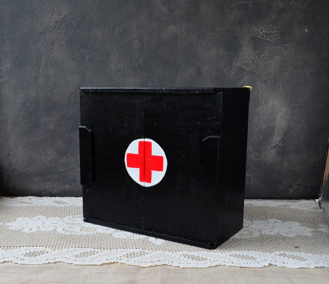 Black Wall Hanging Apothecary Wooden Box Sliding Doors Red Cross Wood ...