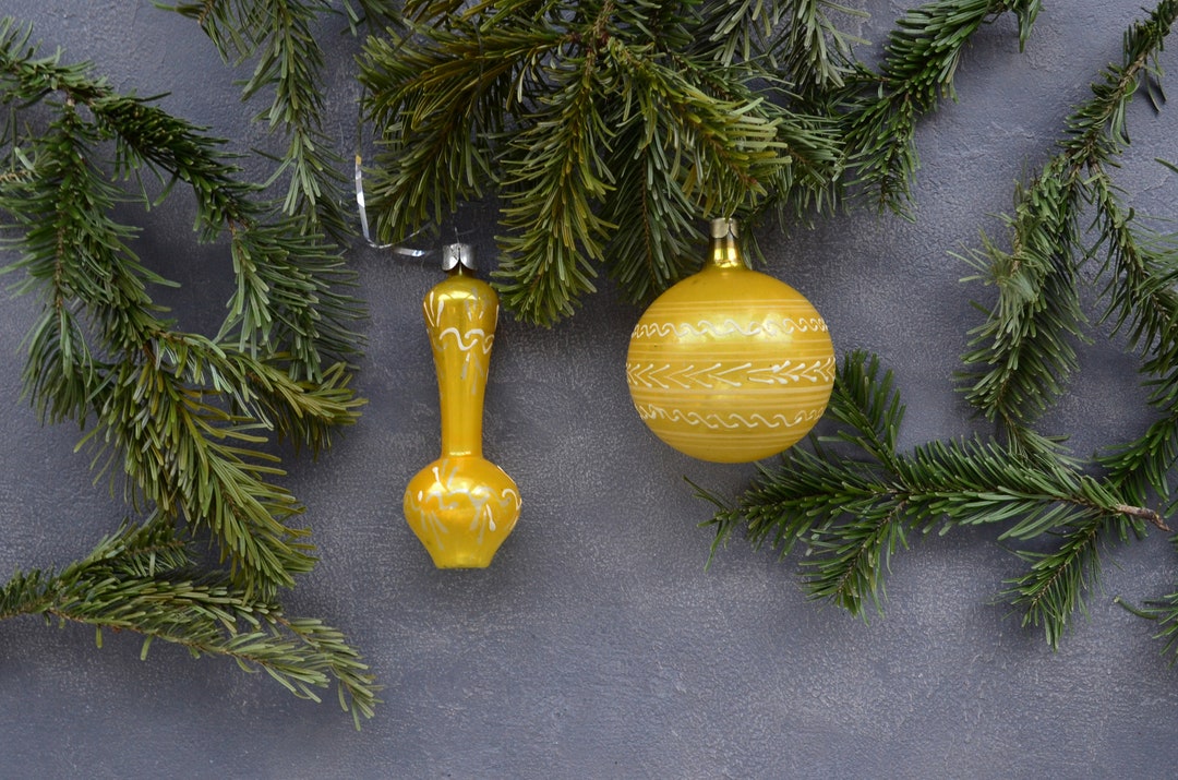 Retro Yellow Blown Glass Christmas Ornaments: Vase & Bauble Set - Etsy