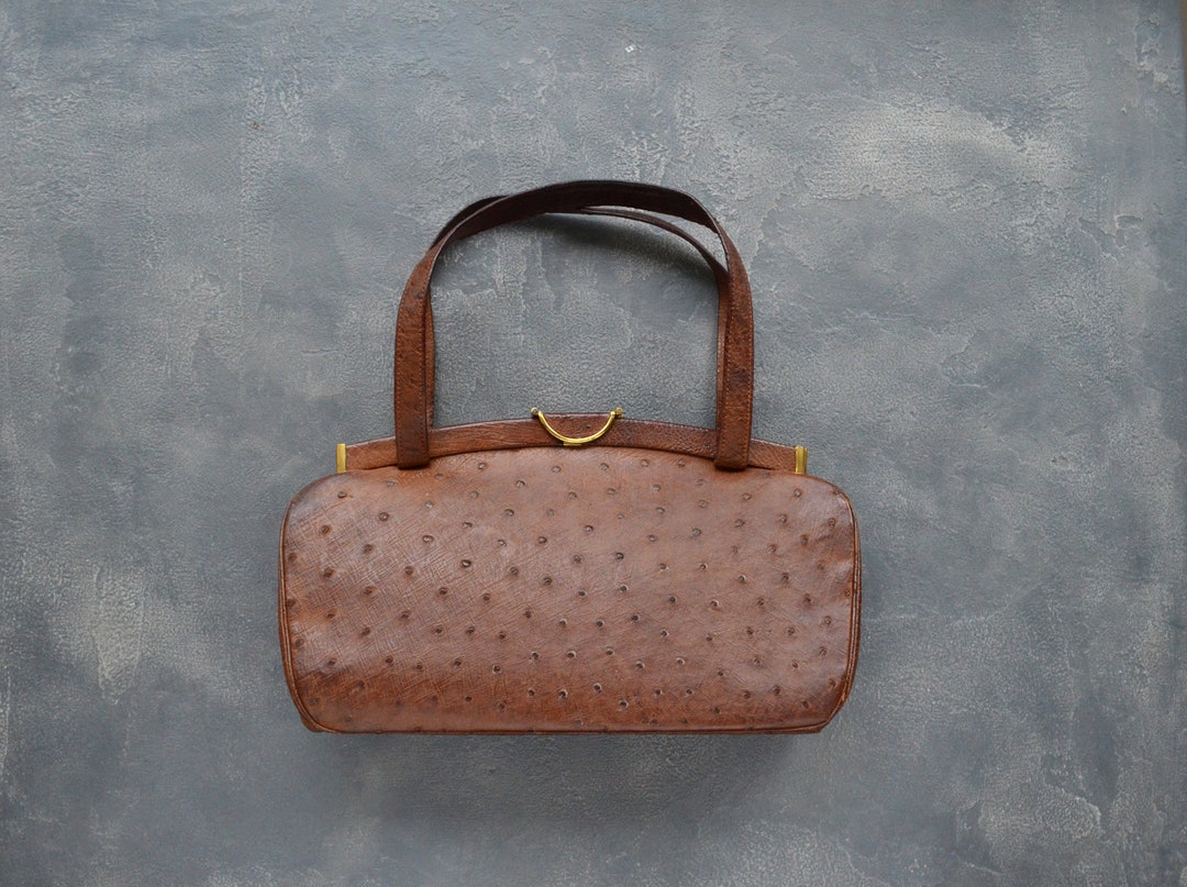 Brown Leather Bag Pocketbook Metal Frame Top Handle Purse Mid Century ...