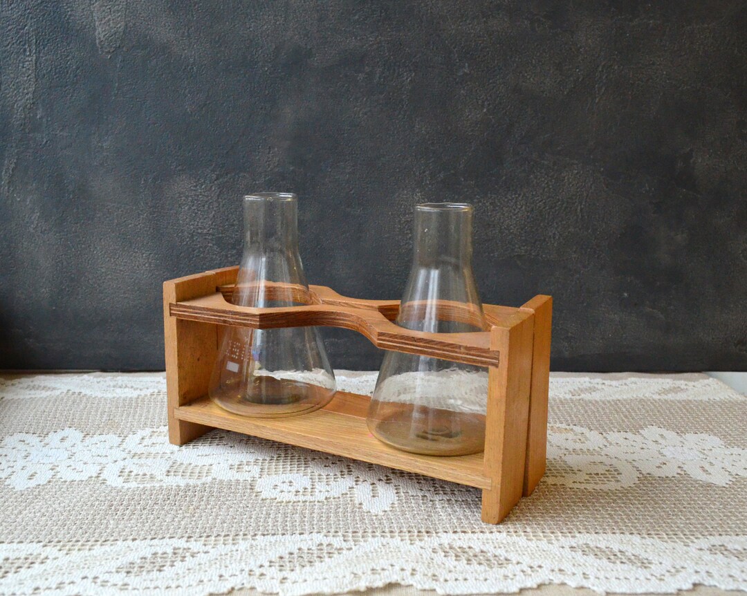 Wooden Rack With Clear Glass Cone Flask Retro Apothecary Jar Lab Flask ...