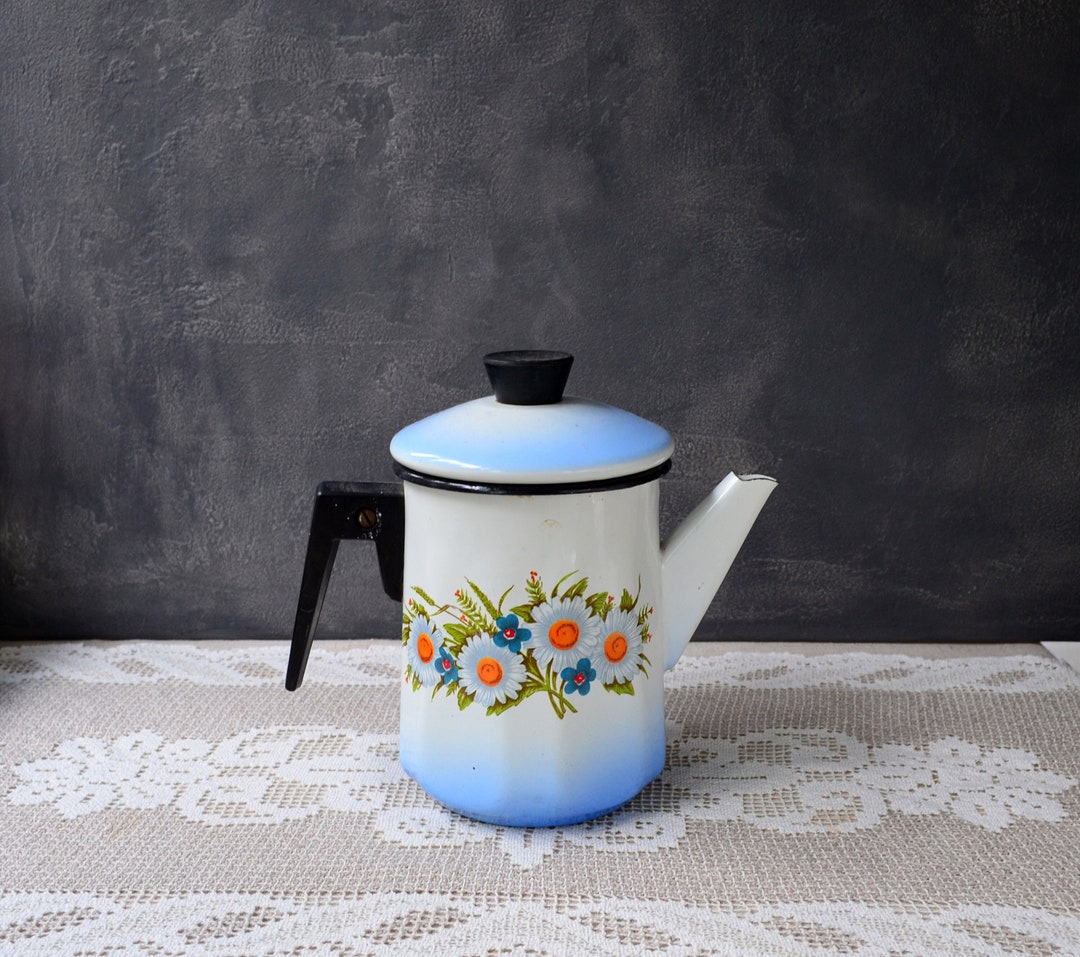 Floral Enamel Pitcher Metal Teapot Coffee Server Primitive Coffee Pot ...