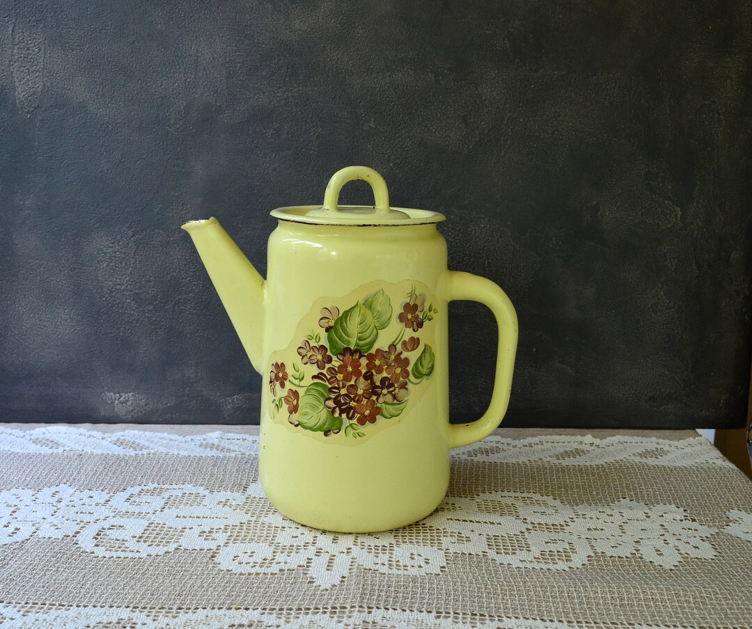 Yellow Enamel Teapot Primitive Coffee Server Enamel Pitcher Floral ...