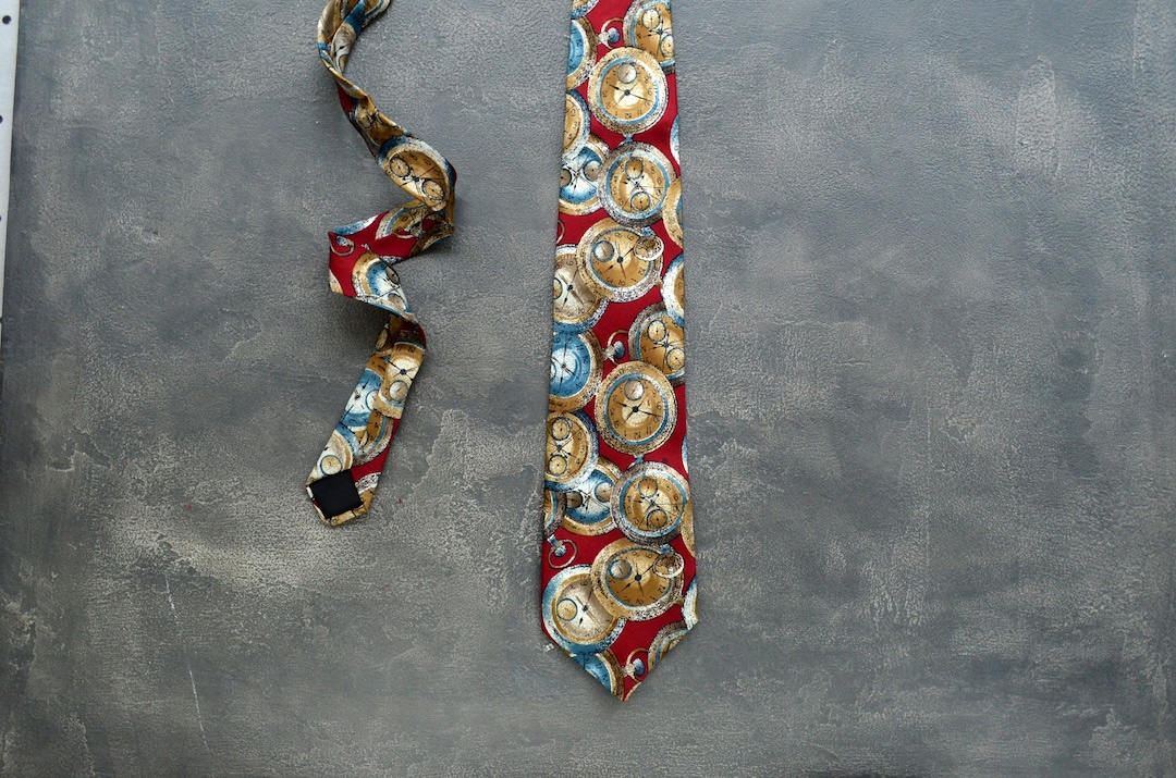 Clock Print Silk Tie Pocket Watch Retro Necktie Novelty Print Original ...