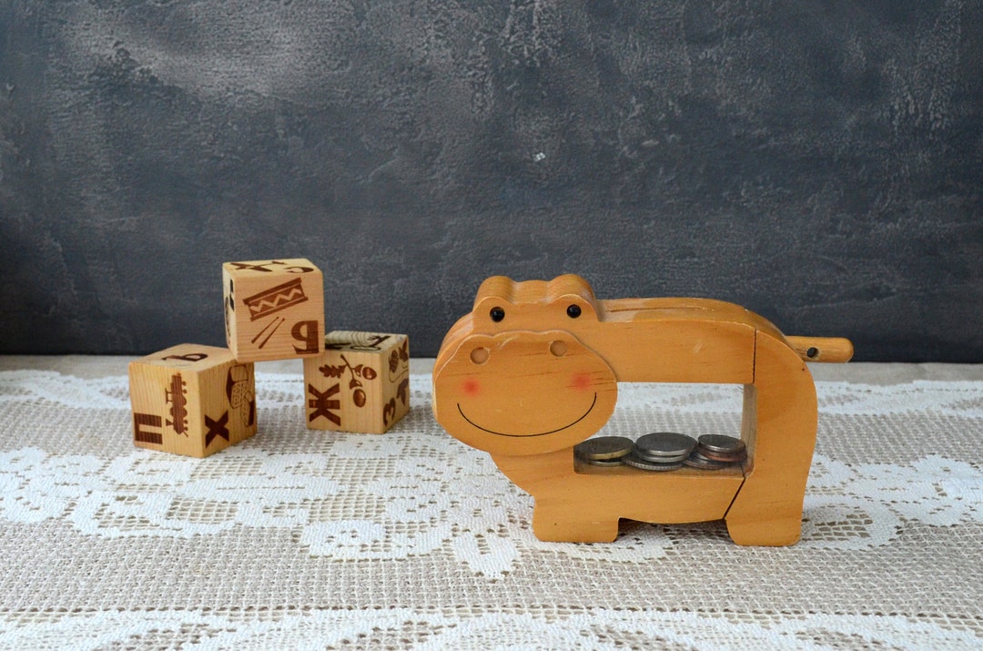 Wooden Hippo Figurine Kids Piggy Bank Retro Wood Money Box Savings Jar ...
