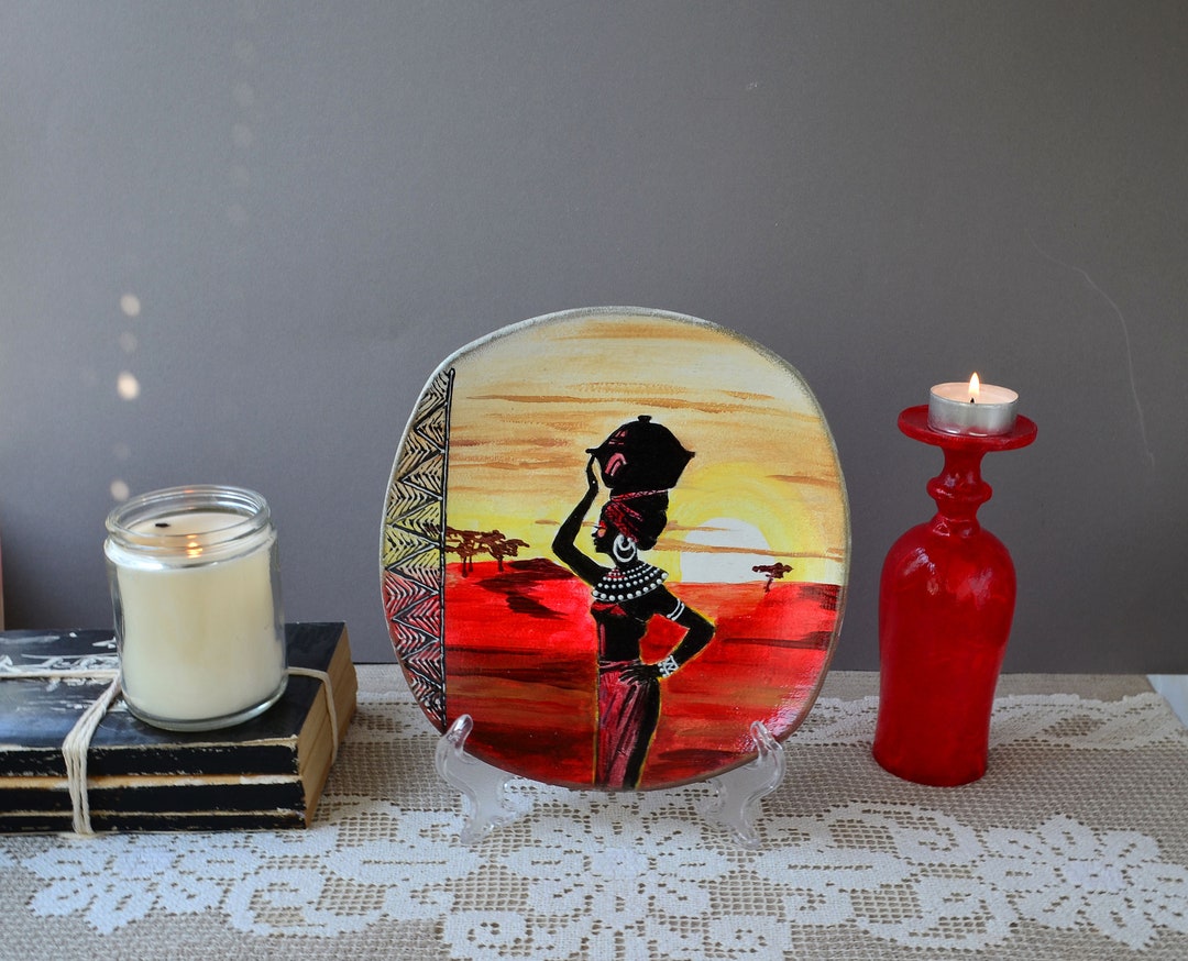 Hand Painted Ceramic Plate: African Woman Art, Tribal Landscape - Etsy