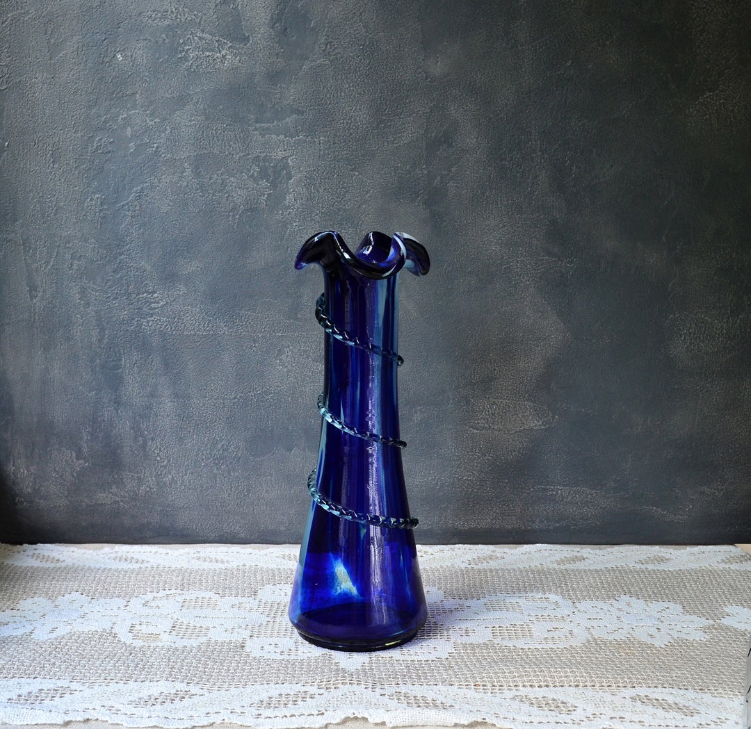 Cobalt Blue Art Glass Flower Vase Ruffled Rim Decorative Tall Vase Hand ...