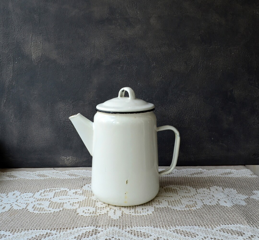 White Enamel Pitcher Metal Teapot Coffee Server Primitive Coffee Pot ...