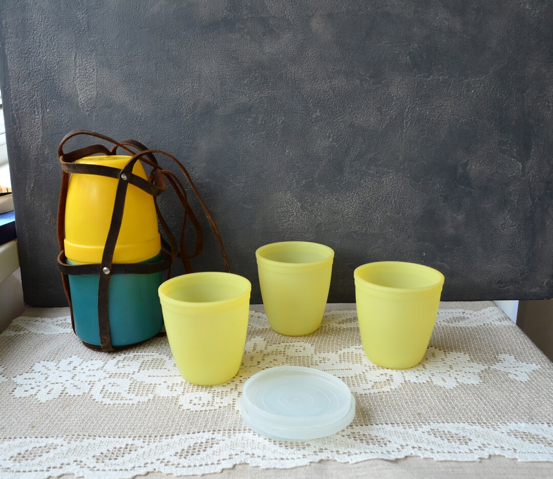 Set of Plastic Container and 3 Cups With Lid Plastic Tumbler MCM ...