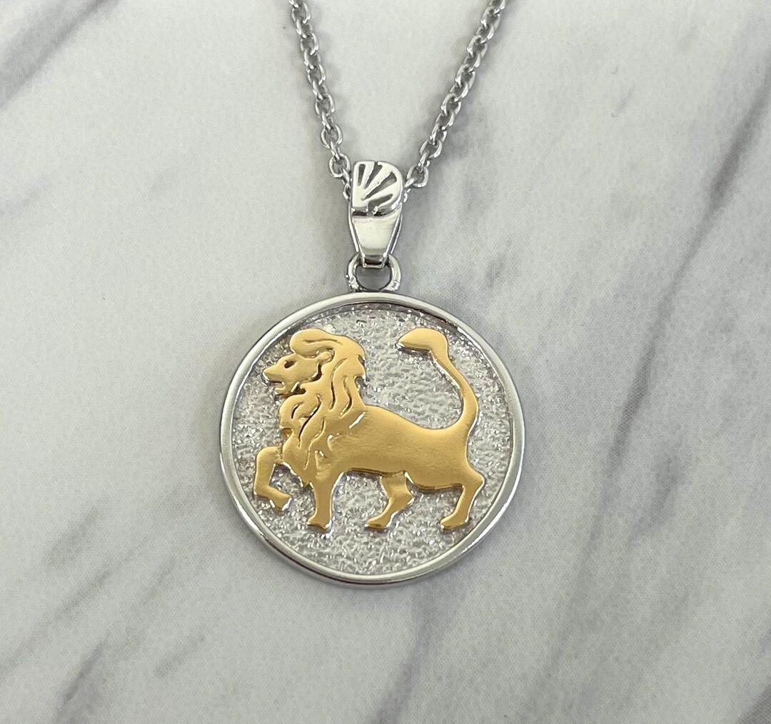 Two-tone Leo Zodiac Pendant: 14K Gold Plated Sterling Silver Necklace ...