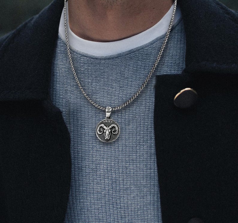 Aries Horoscope Necklace for Men Oxidized Sterling Silver Zodiac ...