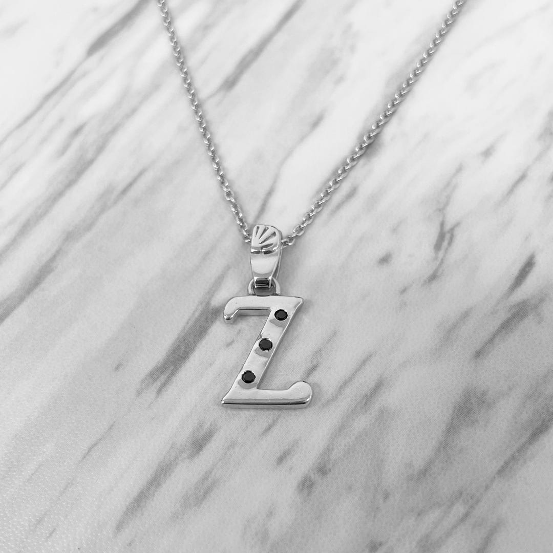 Initial Z Necklace Sterling Silver 925 Black CZ Letter Pendant - Etsy