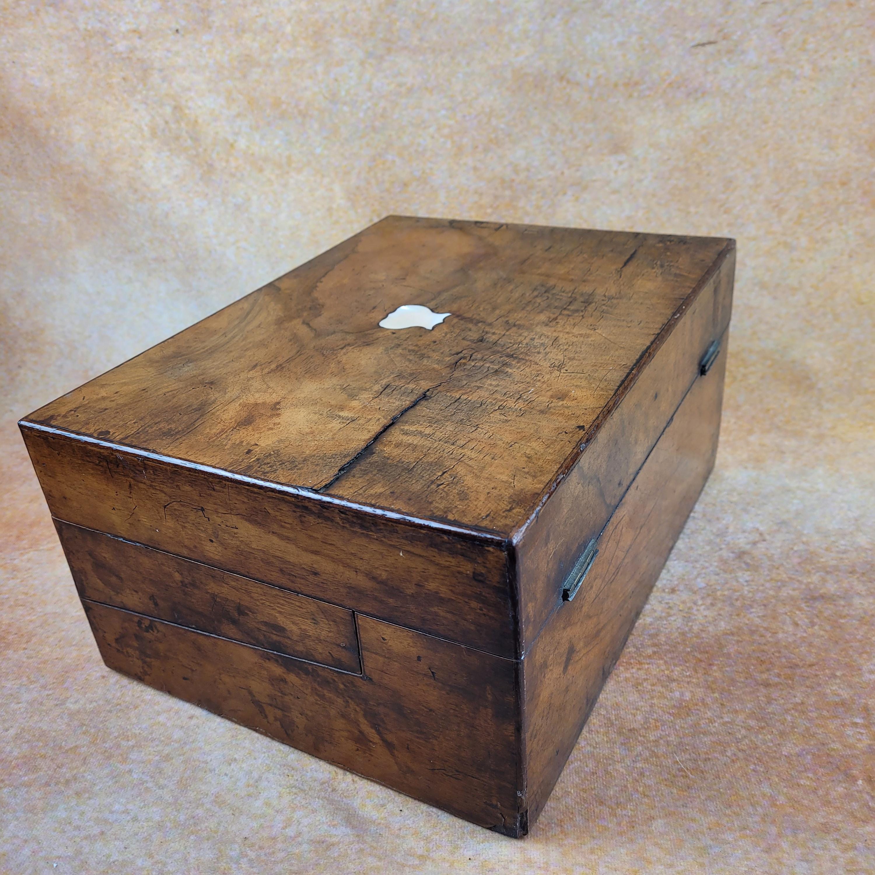 Antique Burr Walnut Ladies Writing Slope With Dark Blue Satin Interior ...