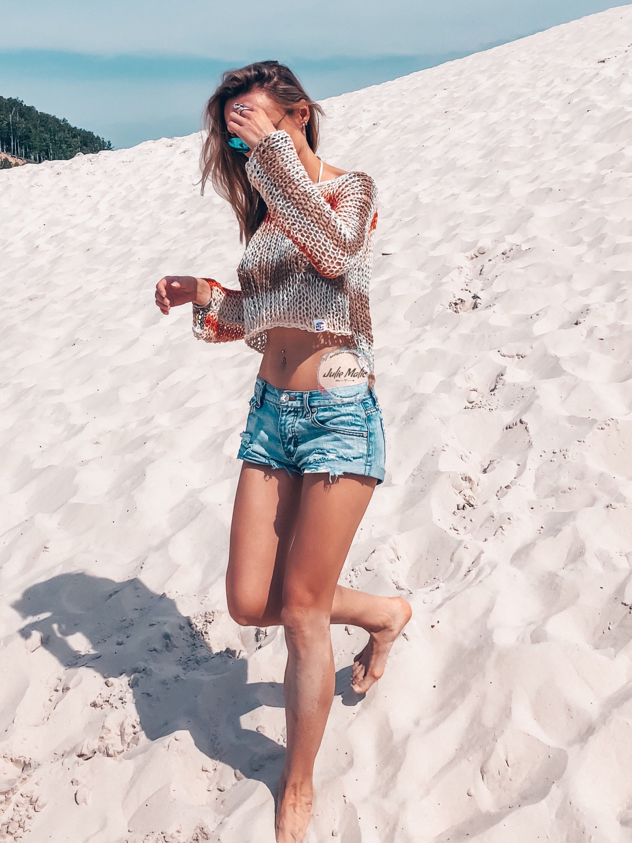 Ombre Cropped Fishnet Top Sexy Sheer Longsleeve See Through Long Sleeve ...