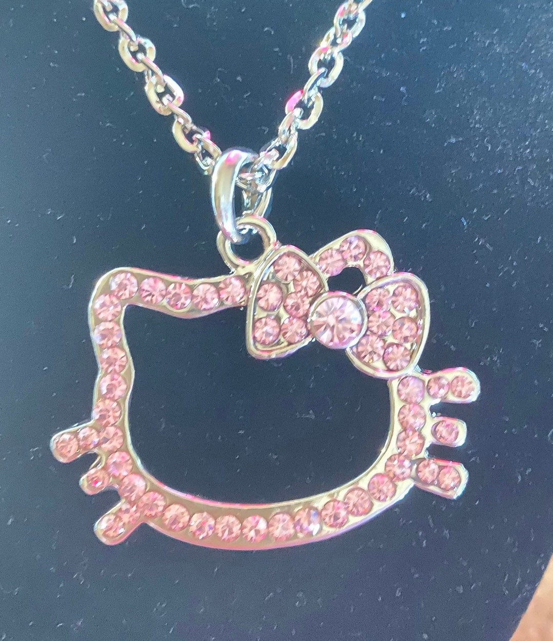 Hello Kitty Necklace Pendant Charm Paved Pink Rhinestone Rhodium Plated ...