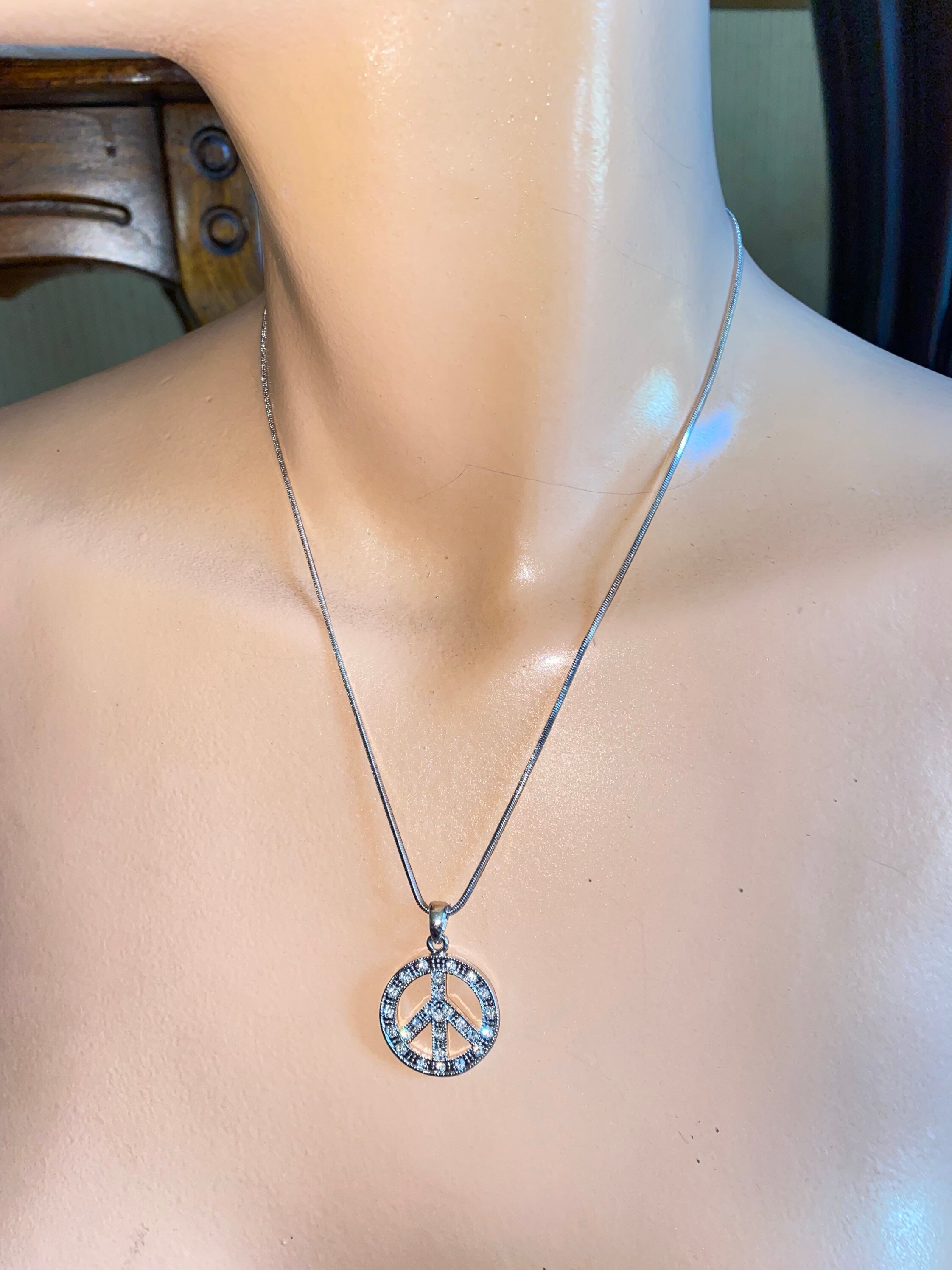 Swarovski Crystal PEACE Sign Symbol Hippie No War Charm Necklace BOHO ...