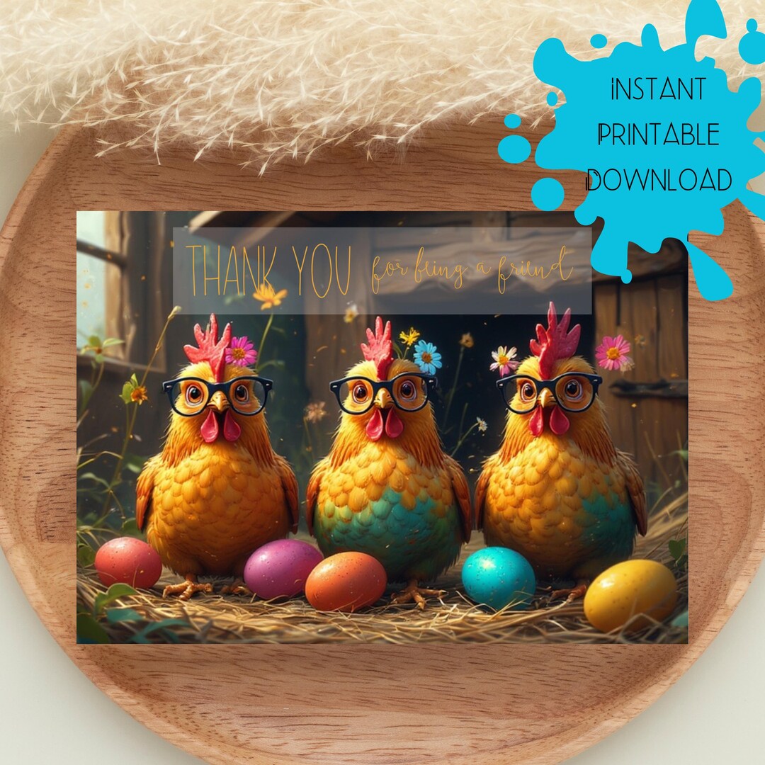 Thank You Friendship Card, Colorful Chickens Bestie, Digital Download ...