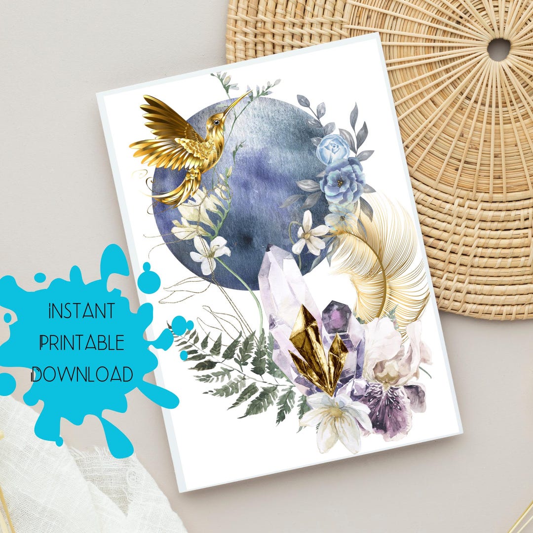 Blue Moon Golden Hummingbird Printable Card, Spiritual Yoga ...
