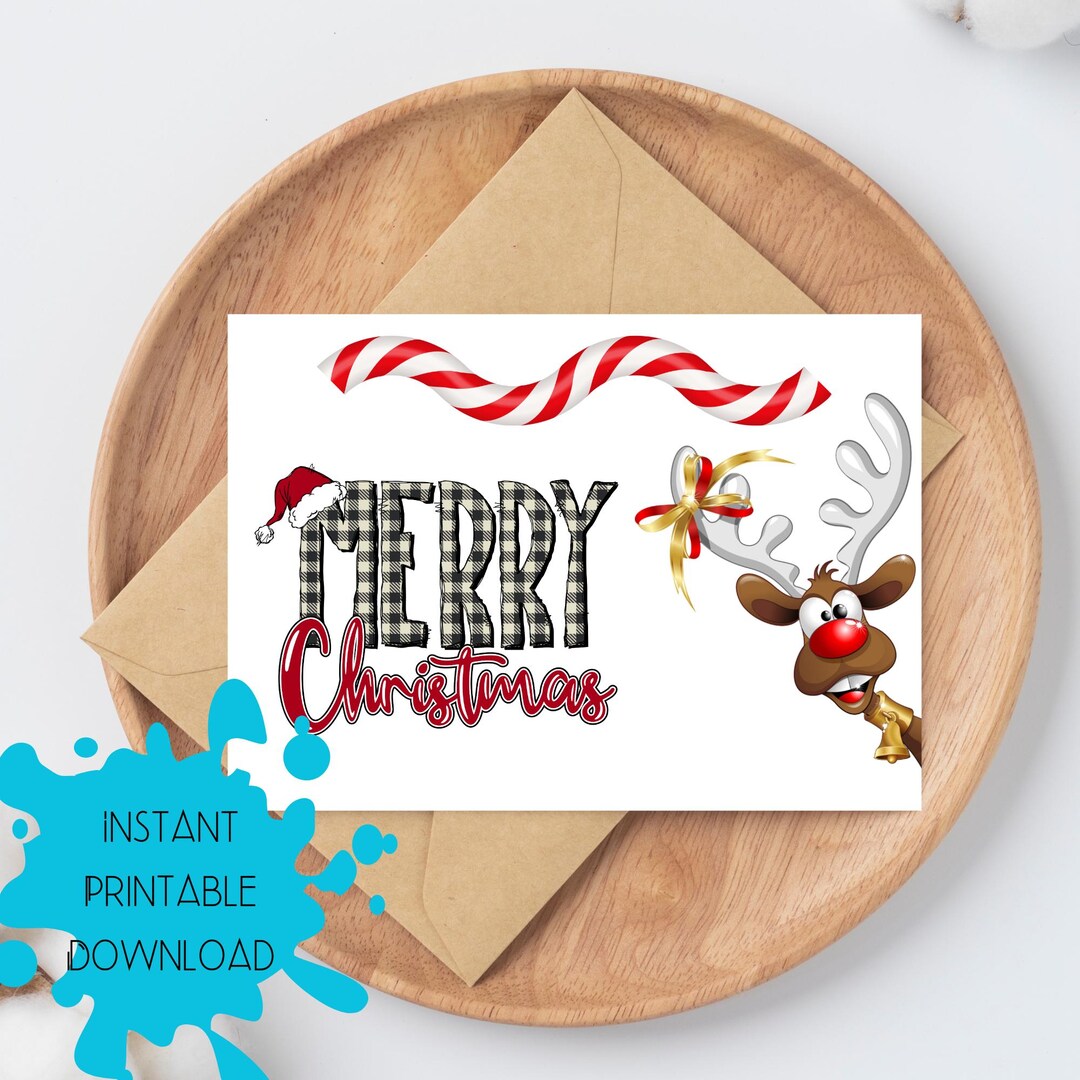 Merry Christmas Card, Rudolph Reindeer Happy Holidays, Digital Download ...
