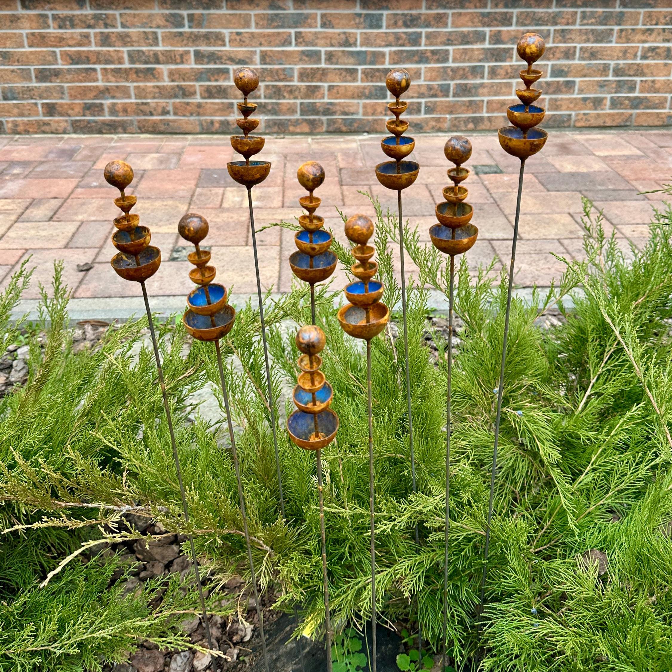 Set of 9 Rusty Garden Pegs With Tiny Flowers, Rustic Yard Art, Metal ...
