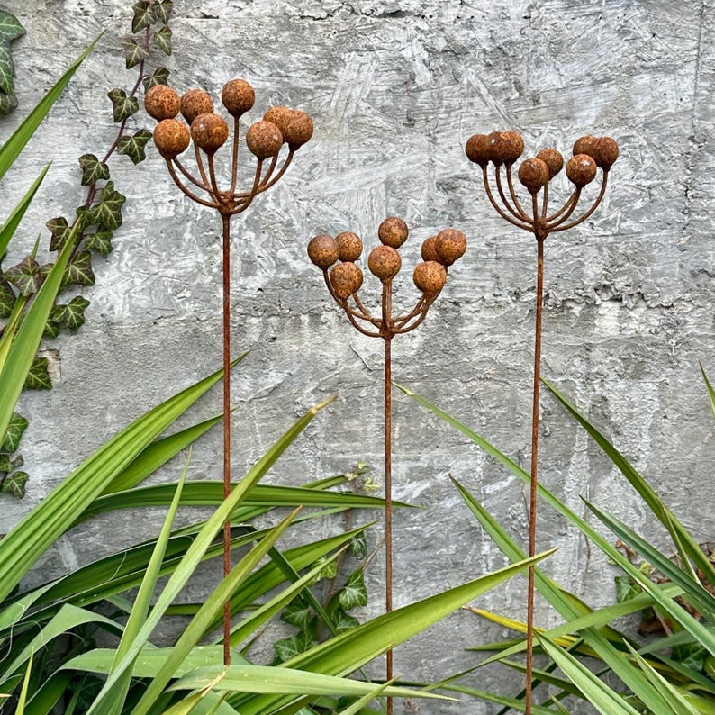 Set of 3 Rustic Metal Garden Finials, Rusty Exotic Flowers, Metal ...