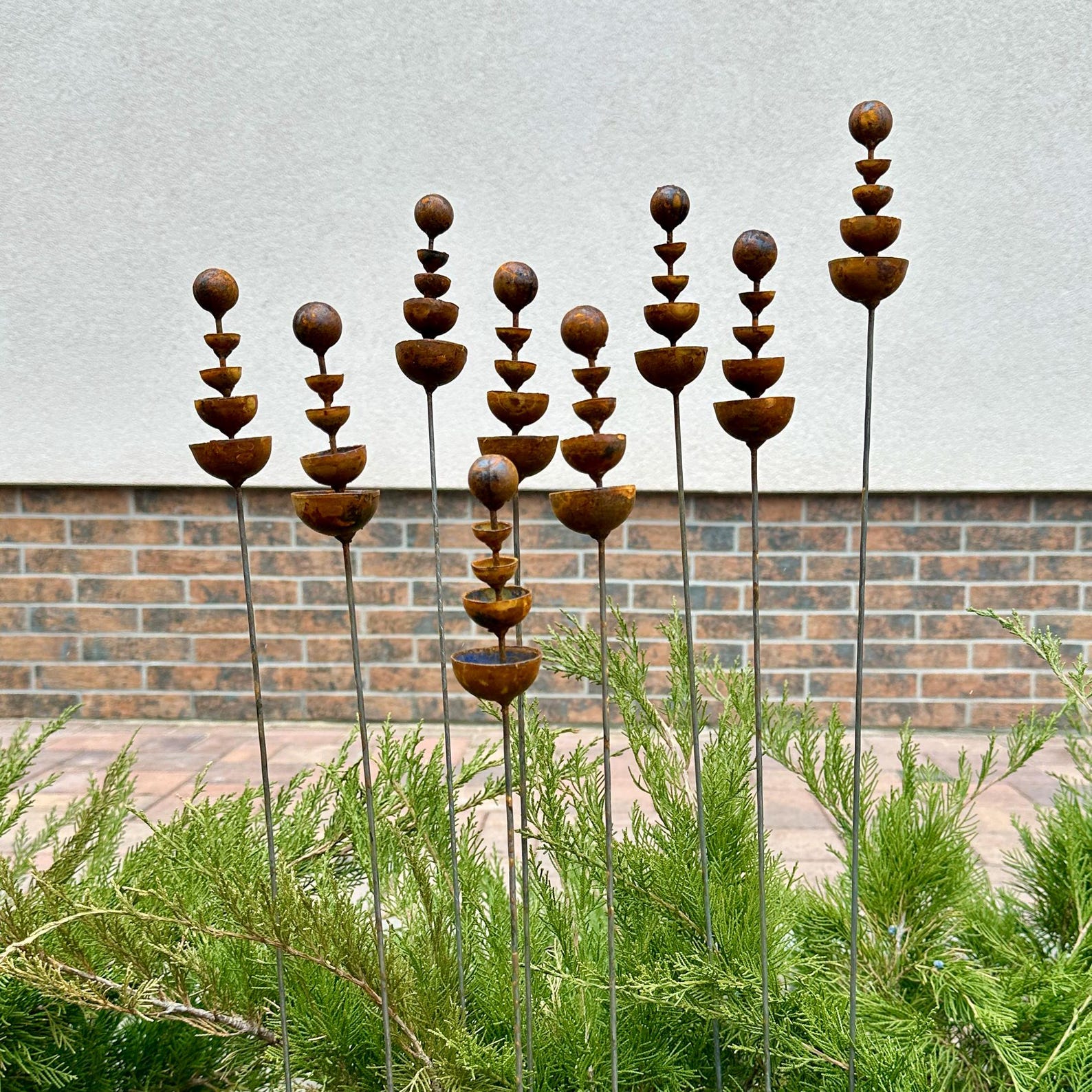 Set of 9 Rusty Garden Pegs With Tiny Flowers, Rustic Yard Art, Metal ...