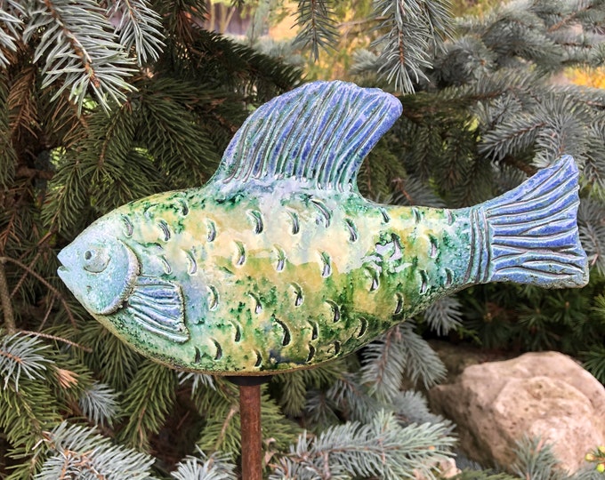 Garden Decor, Garden Sculpture, Garden Art, Garden Stakes, Ceramic Fish ...
