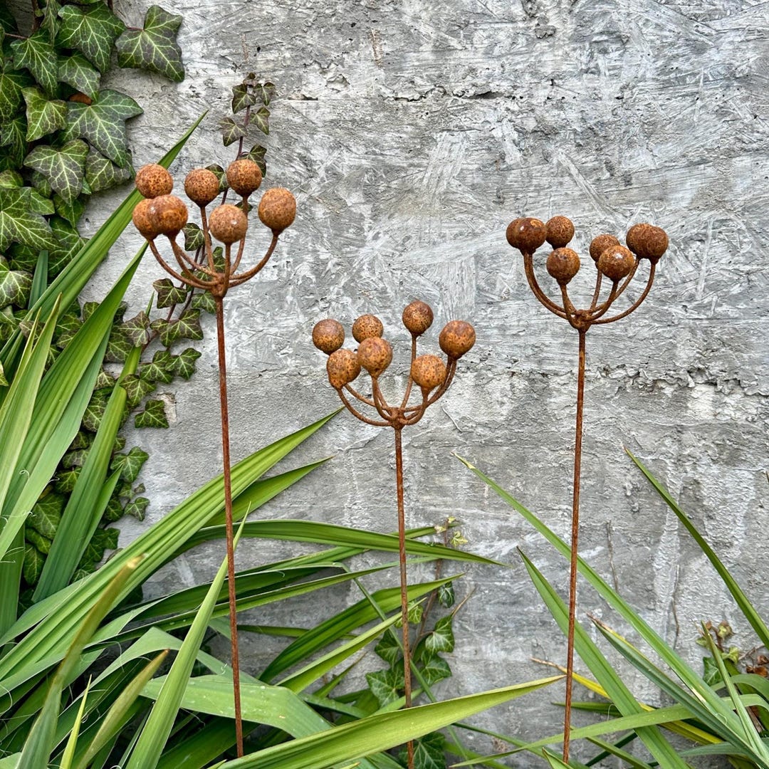 Set of 3 Rustic Metal Garden Finials, Rusty Exotic Flowers, Metal ...