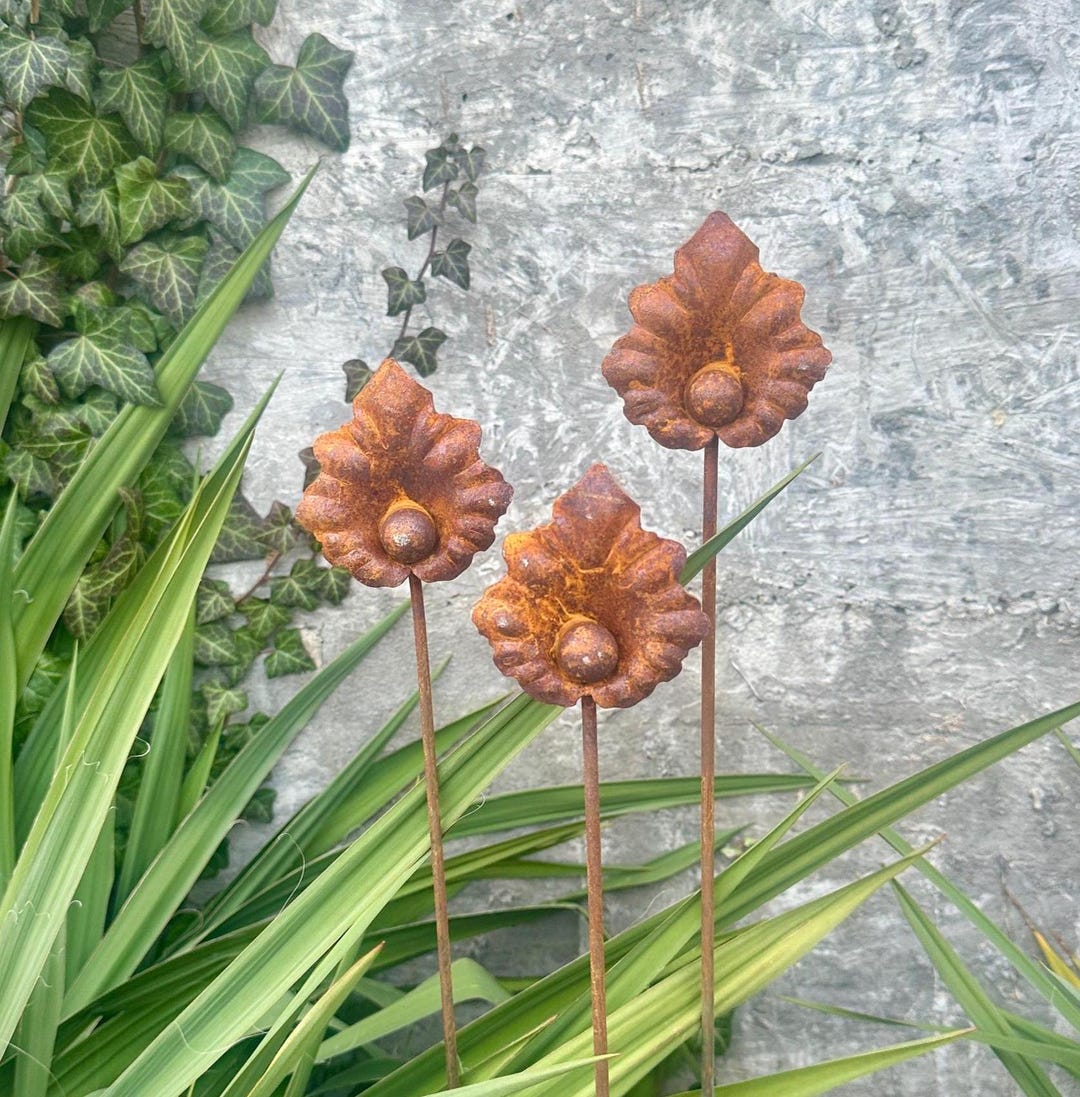 Rustic Handmade Metal Flower Set – Set of 3, Metal Flower Garden Stake ...