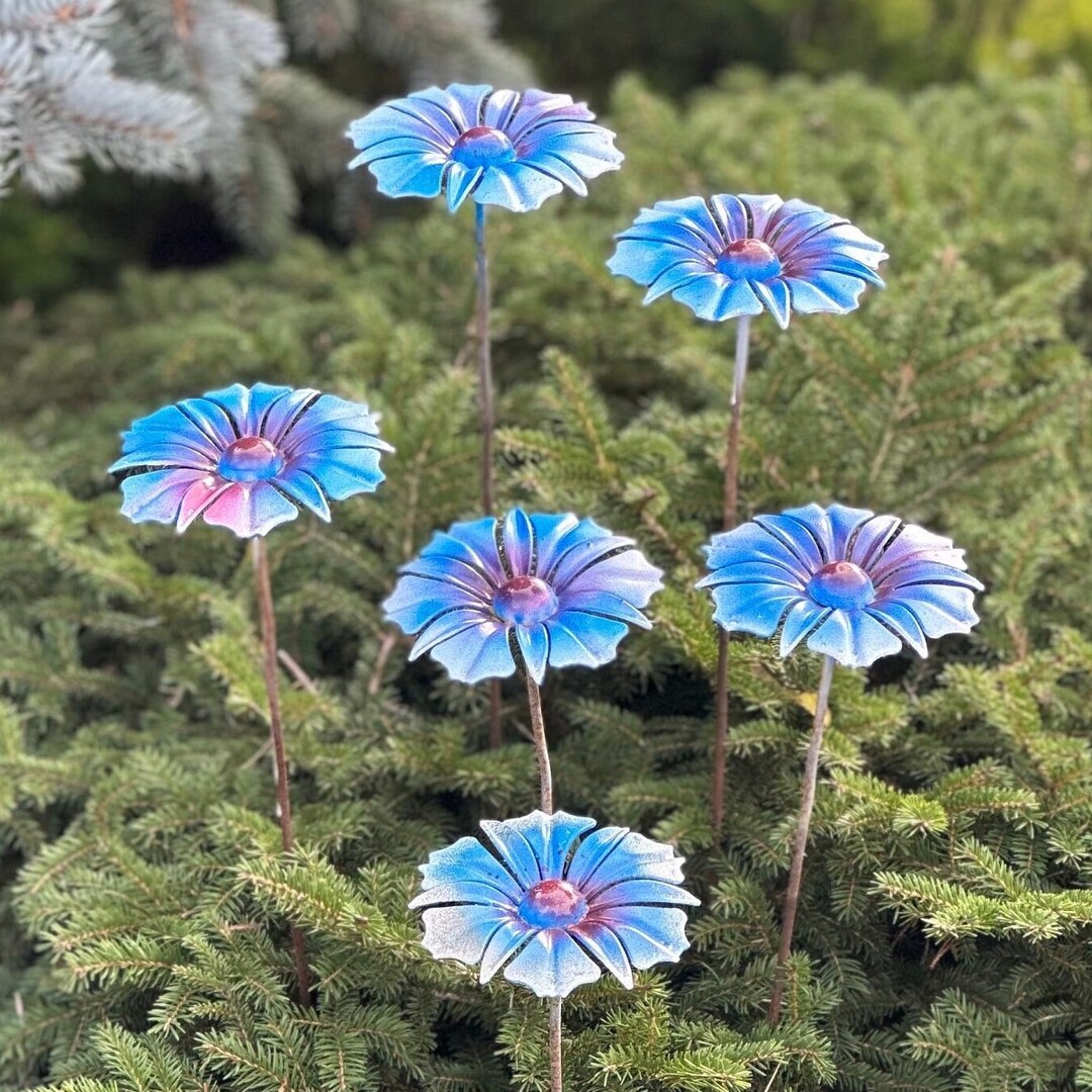 Six Elegant Handmade Blue Metal Flowers Garden Stakes Outdoor Decor ...