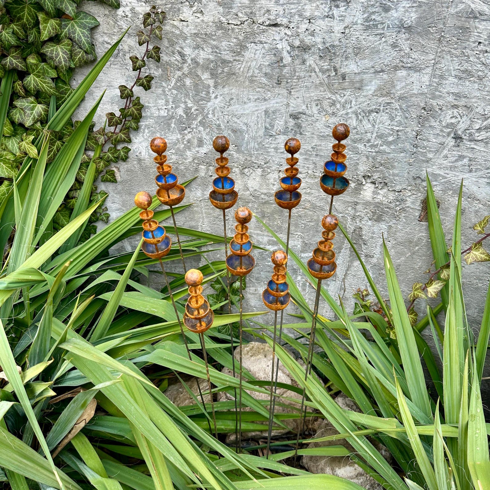 Set of 9 Rusty Garden Pegs With Tiny Flowers, Rustic Yard Art, Metal ...